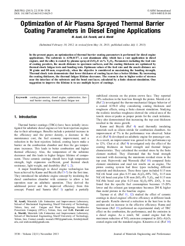 (PDF) Optimization of Air Plasma Sprayed Thermal Barrier Coating Parameters in Diesel Engine ...
