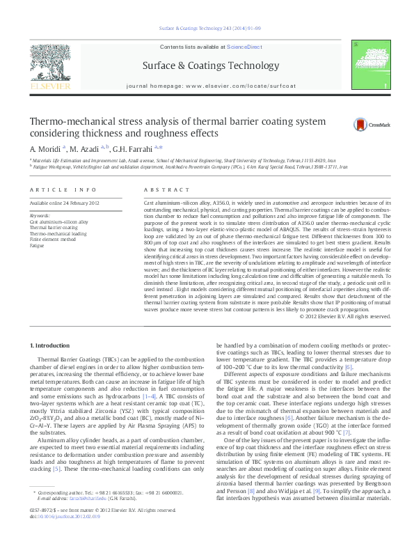 (PDF) Thermo-mechanical stress analysis of thermal barrier coating system considering thickness ...