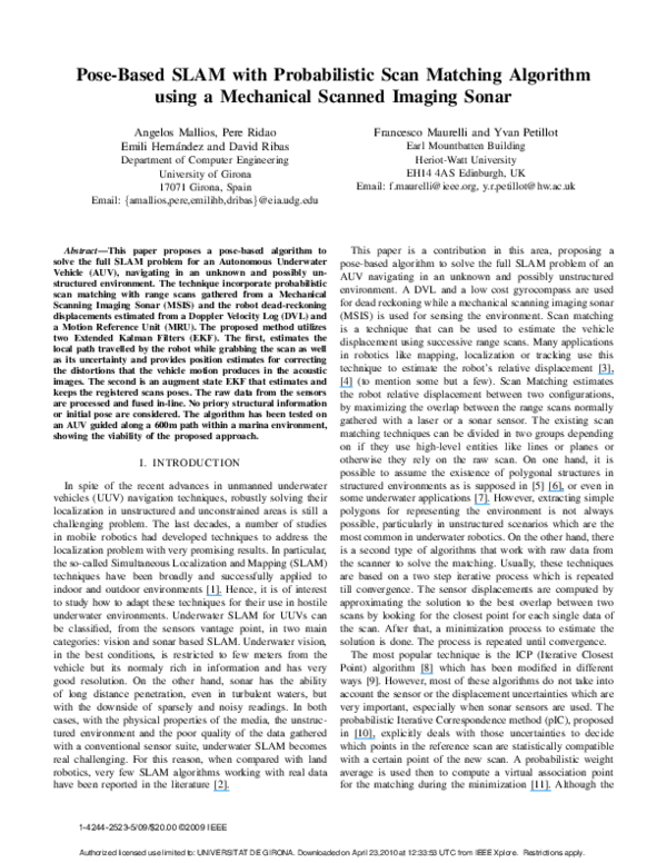 (PDF) Pose-based SLAM with probabilistic scan matching algorithm using a mechanical scanned ...