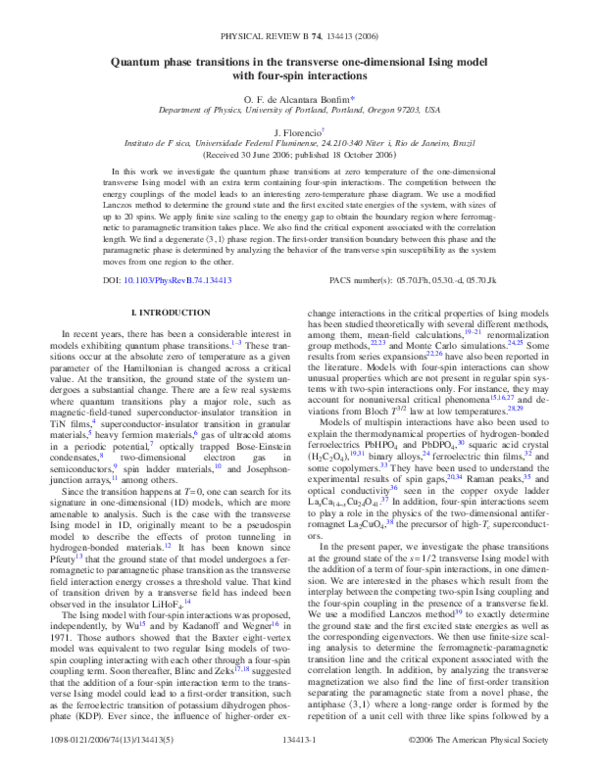 Pdf Quantum Phase Transitions In The Transverse One Dimensional Ising