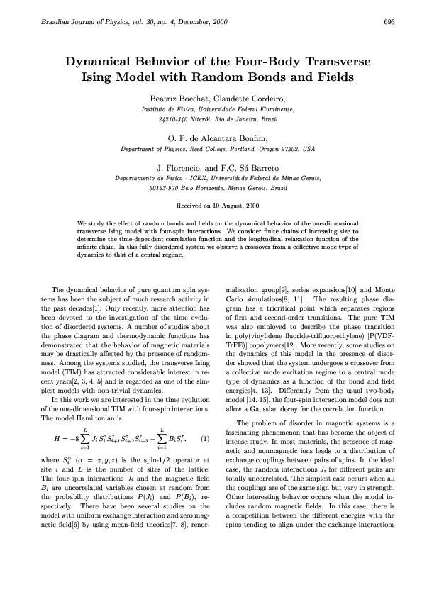 (PDF) Dynamical behavior of the four-body transverse Ising model with random bonds and fields