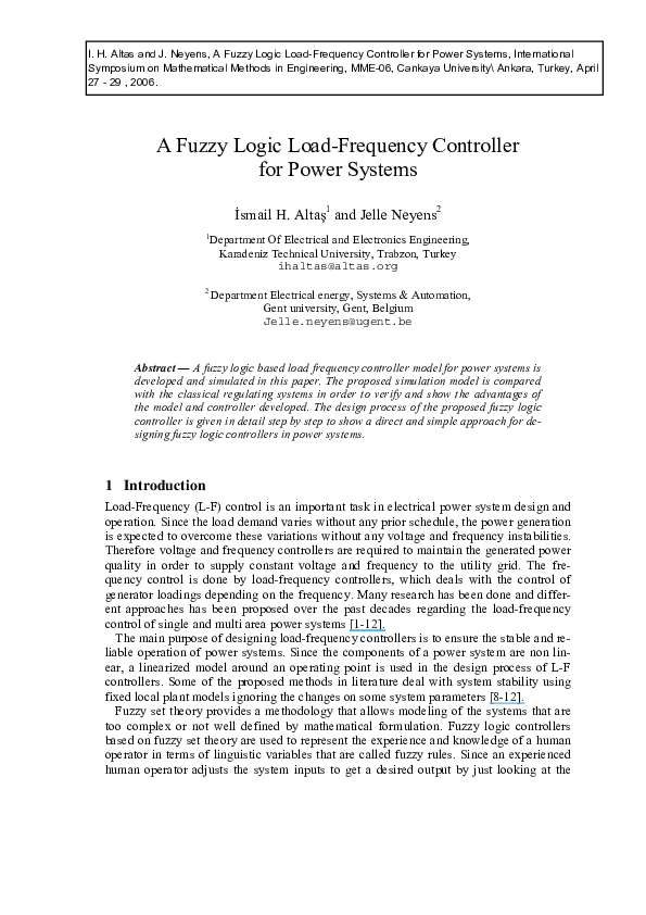 Pdf A Fuzzy Logic Load Frequency Controller For Power Systems