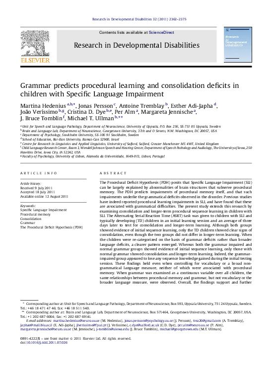 (PDF) Grammar predicts procedural learning and consolidation deficits in children with Specific ...
