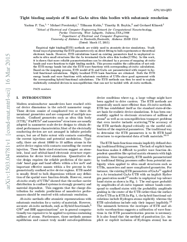 (PDF) Tight-binding analysis of Si and GaAs ultrathin bodies with subatomic wave-function resolution