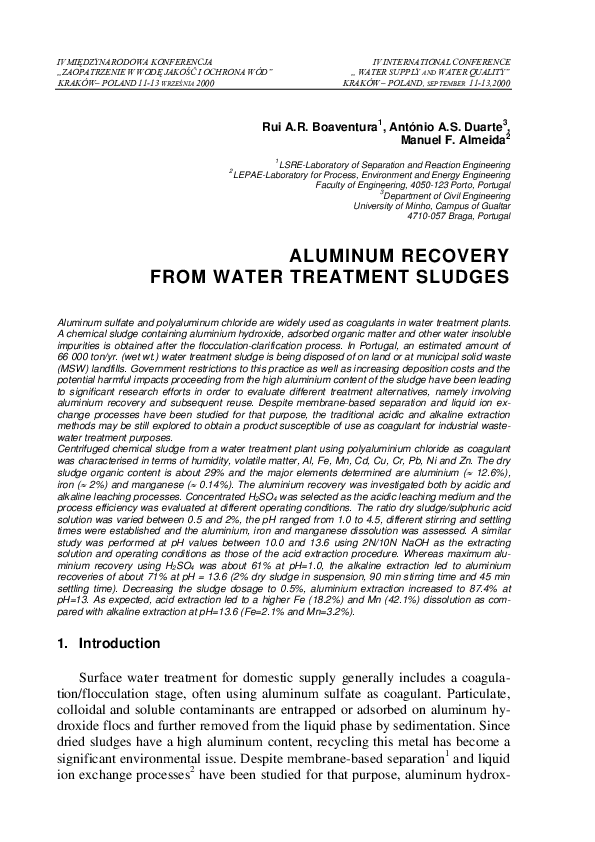 (PDF) Aluminum recovery from water treatment sludges