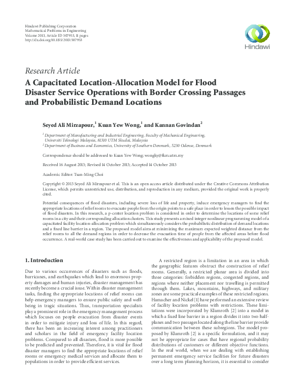 (PDF) A Capacitated Location-Allocation Model for Flood Disaster Operations with Border Crossing ...