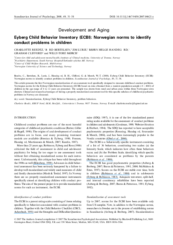 (PDF) Eyberg Child Behavior Inventory (ECBI): Norwegian norms to ...