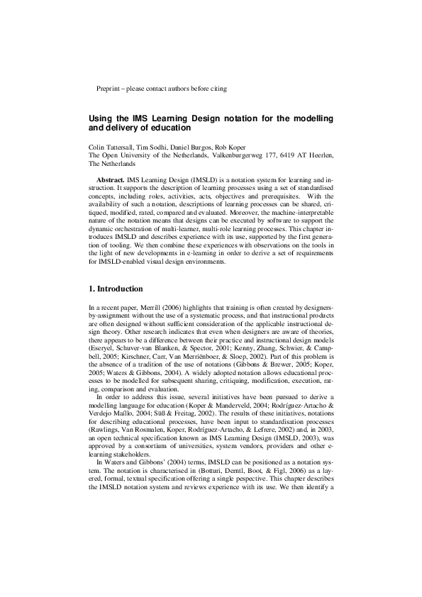 (PDF) Using the IMS Learning Design notation for the modelling and delivery of education