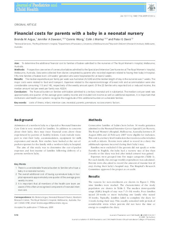 (PDF) Financial costs for parents with a baby in a neonatal nursery ...