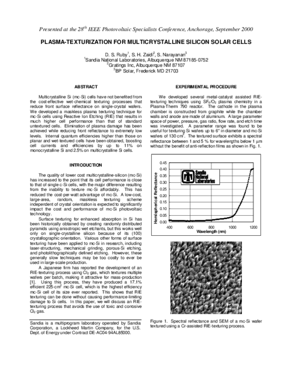 (PDF) Plasma-texturization for multicrystalline silicon solar cells