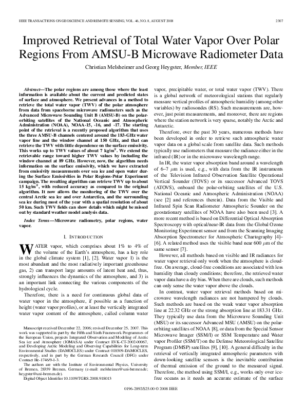 (PDF) Improved Retrieval of Total Water Vapor Over Polar Regions From ...