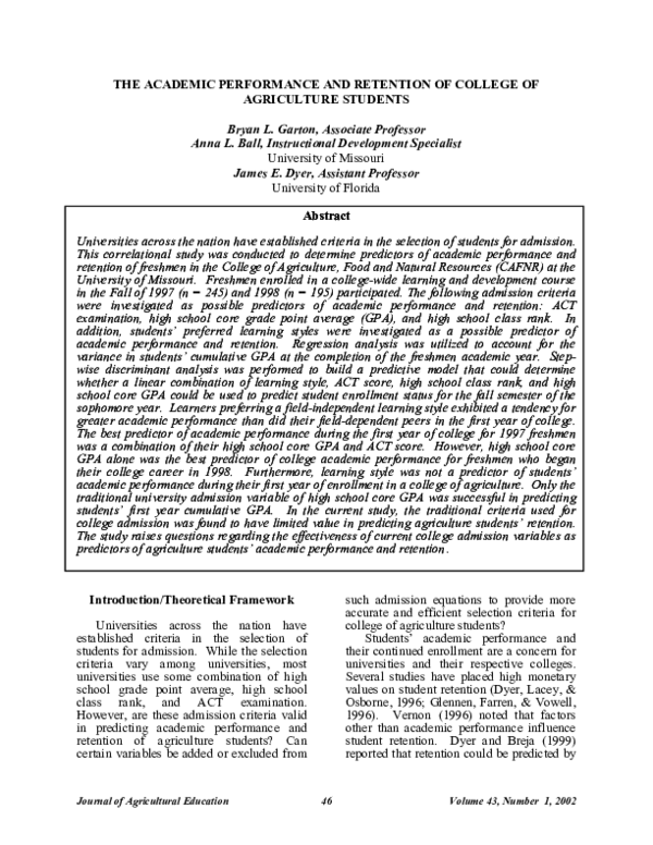 (PDF) The Academic Performance And Retention Of College Of Agriculture ...