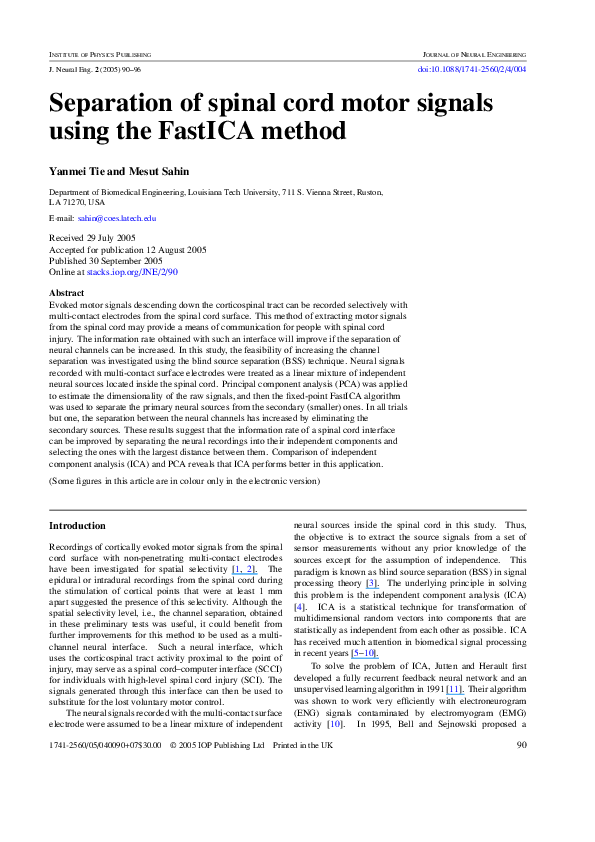 (PDF) Separation of spinal cord motor signals using the FastICA method