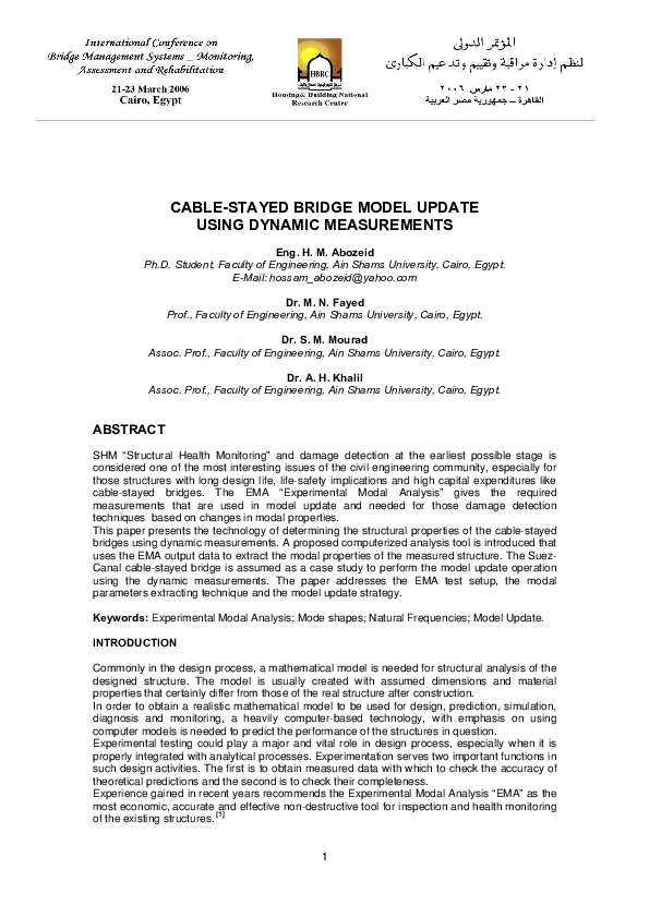 (PDF) CABLE-STAYED BRIDGE MODEL UPDATE USING DYNAMIC MEASUREMENTS