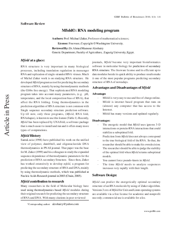 (PDF) Mfold©: RNA modeling program
