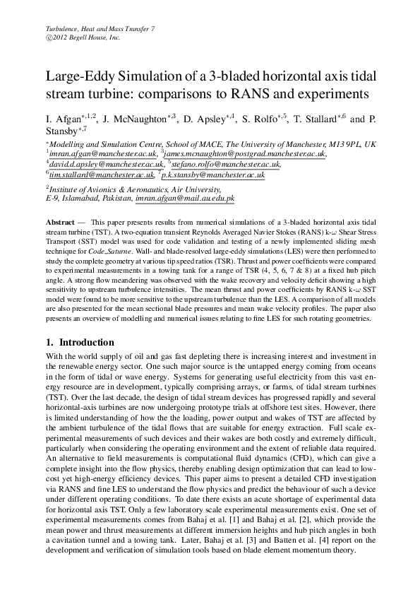 Pdf Large Eddy Simulation Of A 3 Bladed Horizontal Axis Tidal Stream Turbine Comparisons To