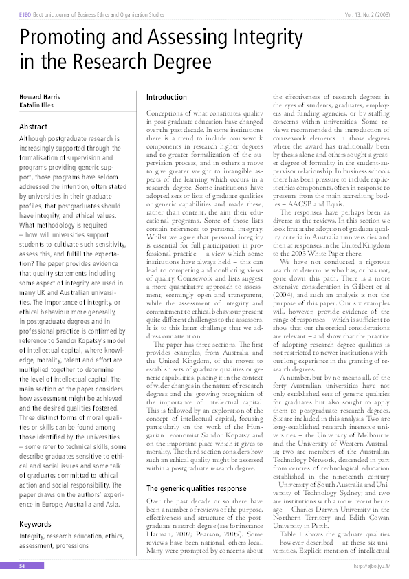 (PDF) Promoting and assessing integrity in the research degree