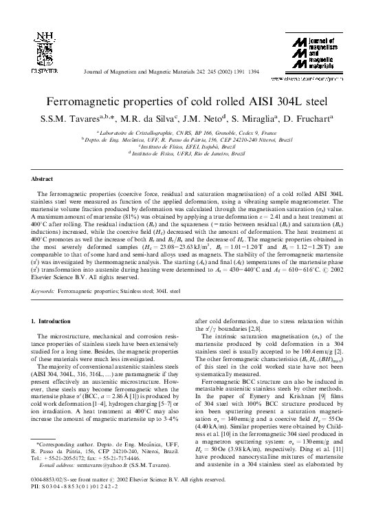 (PDF) Ferromagnetic properties of cold rolled AISI 304L steel