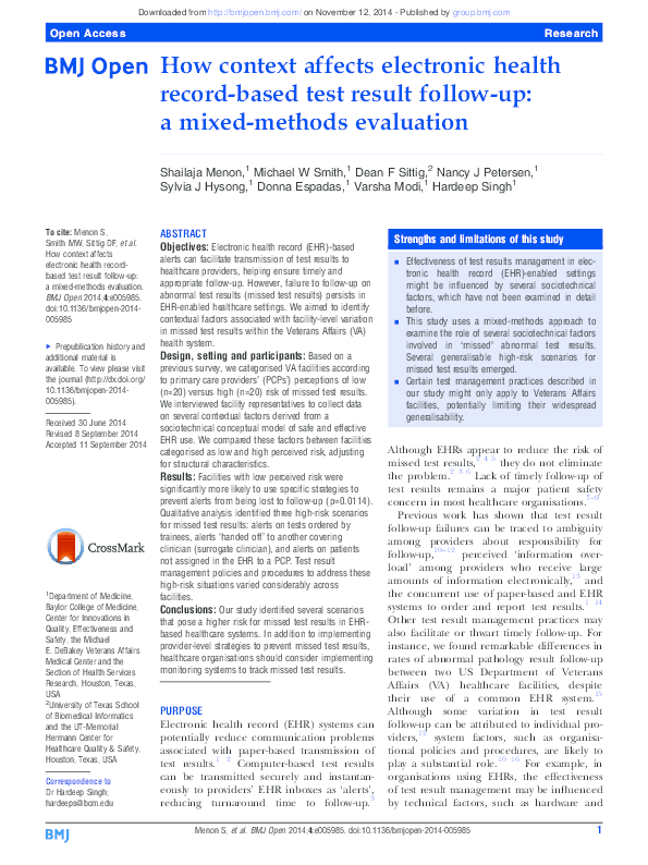 Pdf How Context Affects Electronic Health Record Based Test Result Follow Up A Mixed Methods