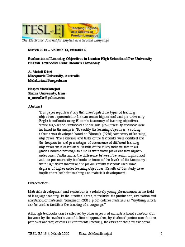 (PDF) Learning objectives in high-school English language textbooks in Iran