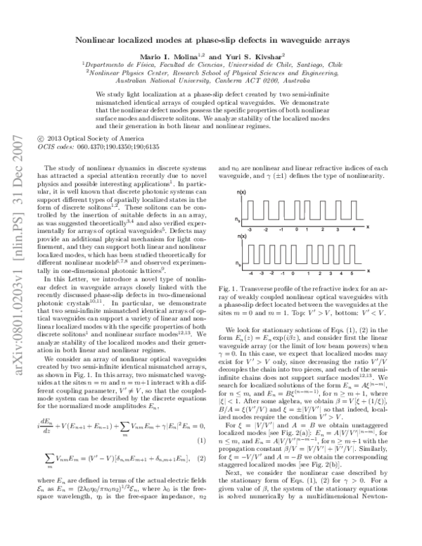 Pdf Nonlinear Localized Modes At Phase Slip Defects In Waveguide Arrays