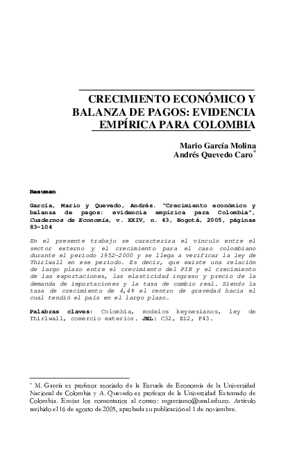 (PDF) Crecimiento econ mico y balanza de pagos: evidencia emp rica para Colombia