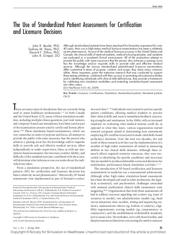 (PDF) The use of standardized patient assessments for certification and ...