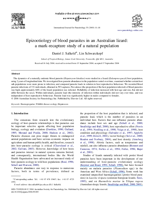 (PDF) Epizootiology of blood parasites in an Australian lizard: a mark ...