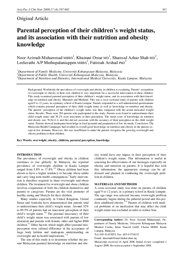 (PDF) Parental perception of their children's weight status, and its ...