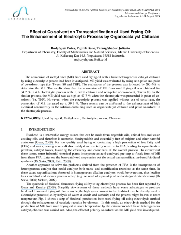 (PDF) Effect of Co-solvent on Transesterification of Used Frying Oil ...