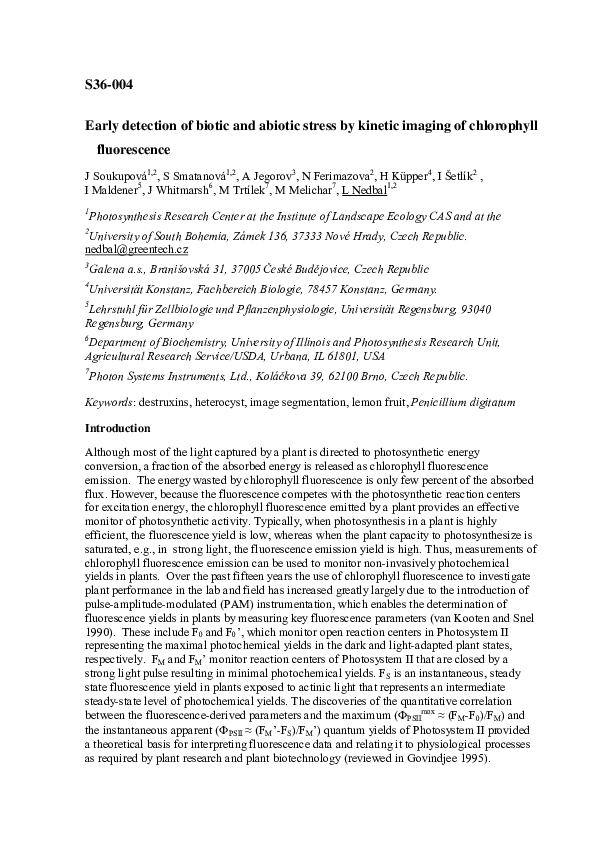 (PDF) Early detection of biotic and abiotic stress by kinetic imaging of chlorophyll fluorescence