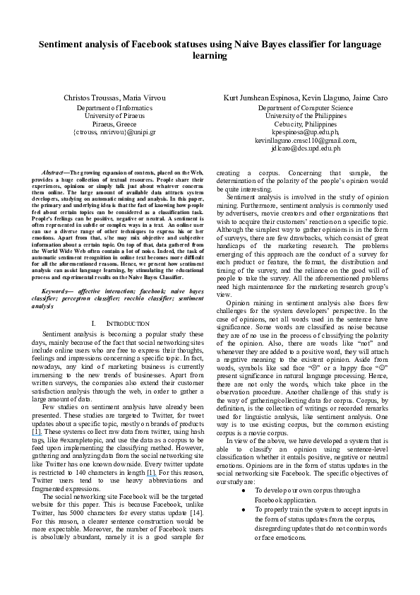 Pdf Sentiment Analysis Of Facebook Statuses Using Naive Bayes Classifier For Language Learning