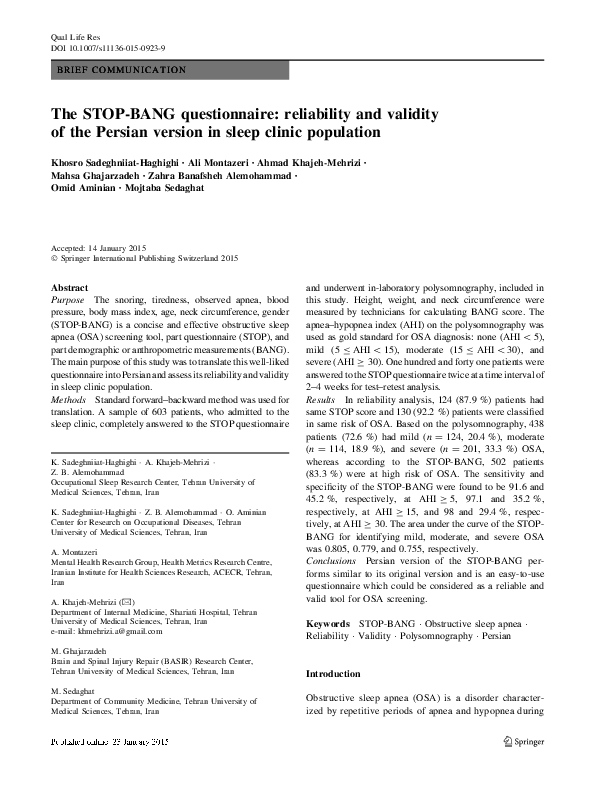 (PDF) The STOP-BANG questionnaire: reliability and validity of the ...