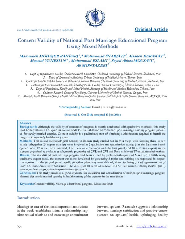 (PDF) Content Validity of National Post Marriage Educational Program Using Mixed Methods