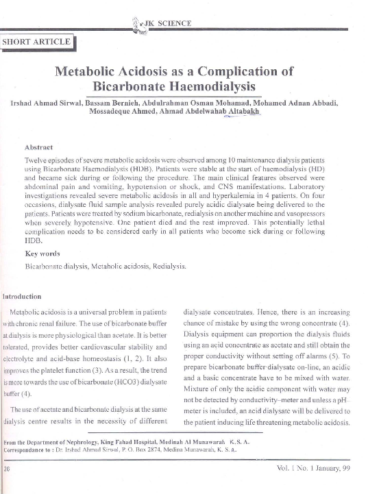 (PDF) Metabolic Acidosis as a Complication of Bicarbonate Haemodialysis