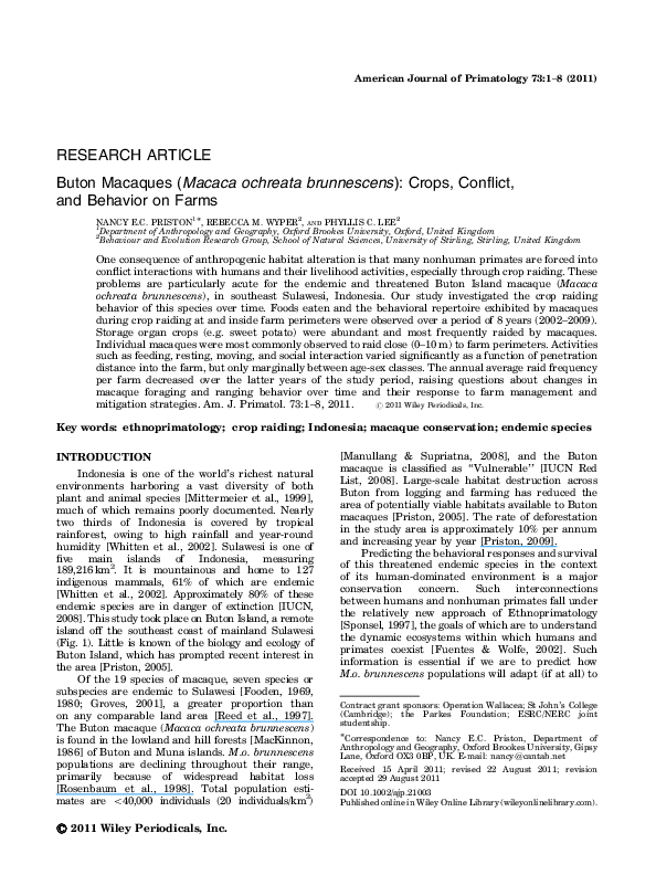 (PDF) Buton macaques (Macaca ochreata brunnescens): crops, conflict ...
