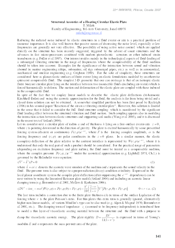 (PDF) Structural Acoustics of a Floating Circular Elastic Plate