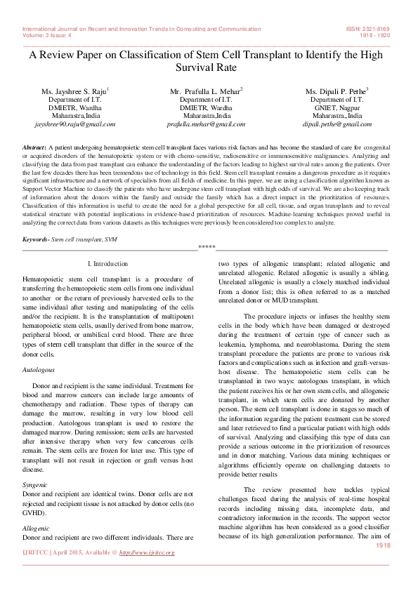(PDF) A Review Paper on Classification of Stem Cell Transplant to ...