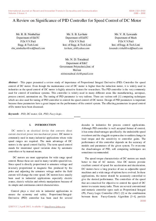 Pdf A Review On Significance Of Pid Controller For Speed Control Of