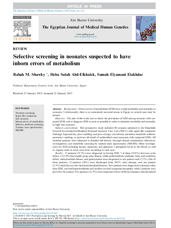 (PDF) Selective screening in neonates suspected to have inborn errors ...
