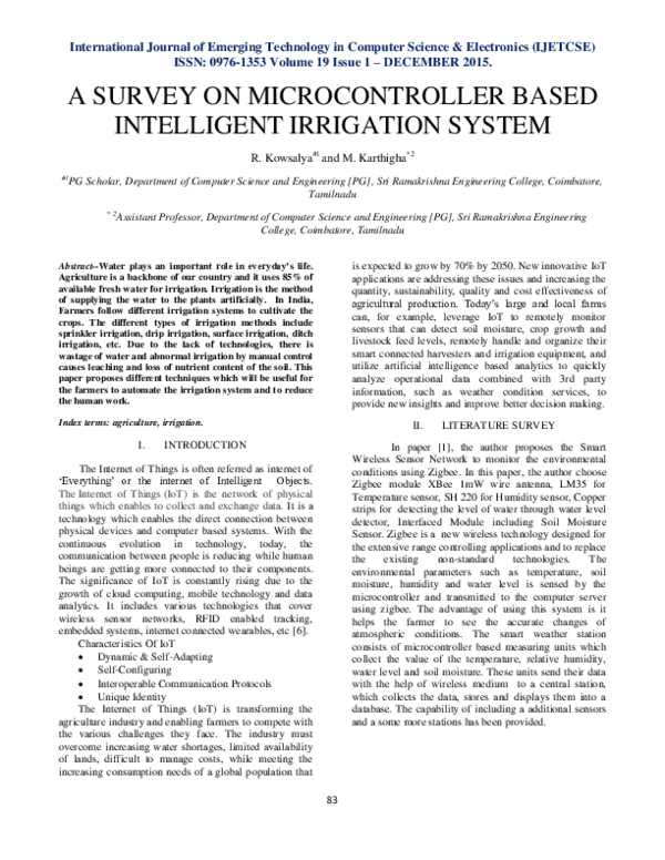 (PDF) A SURVEY ON MICROCONTROLLER BASED INTELLIGENT IRRIGATION SYSTEM