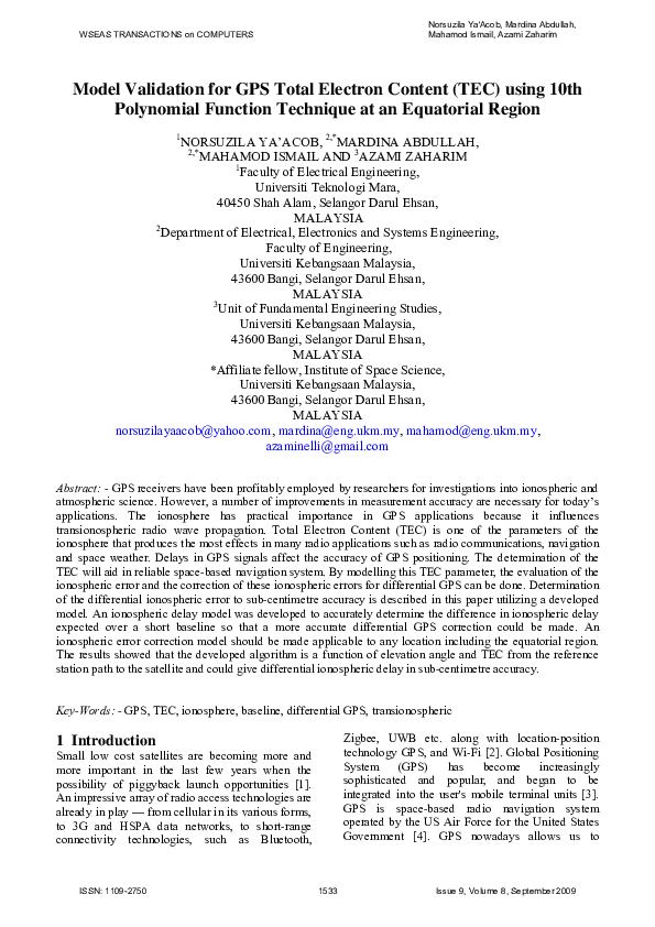(PDF) Model Validation for GPS Total Electron Content (TEC) using 10th ...