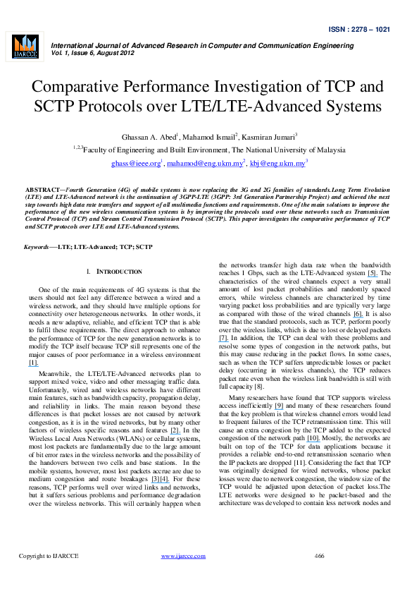 Pdf Comparative Performance Investigation Of Tcp And Sctp Protocols Over Ltelte Advanced