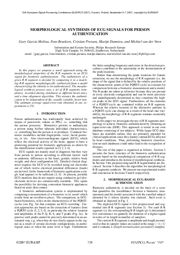 (PDF) MORPHOLOGICAL SYNTHESIS OF ECG SIGNALS FOR PERSON AUTHENTICATION
