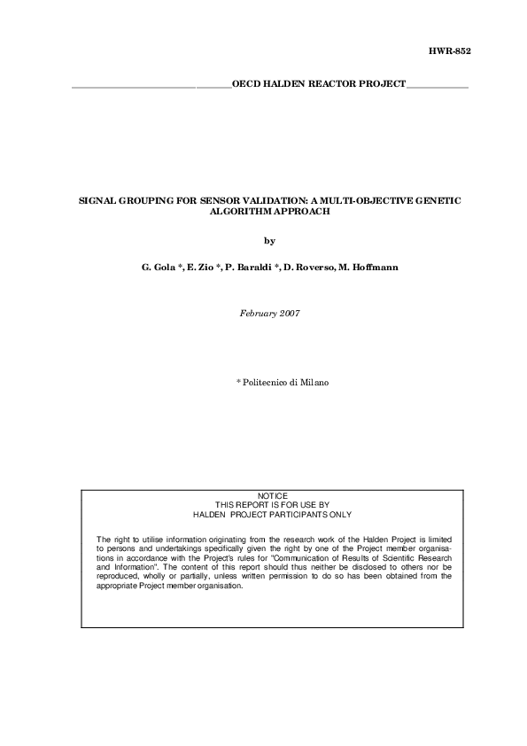 Pdf Signal Grouping For Sensor Validation A Multi Objective Genetic Algorithm Approach 