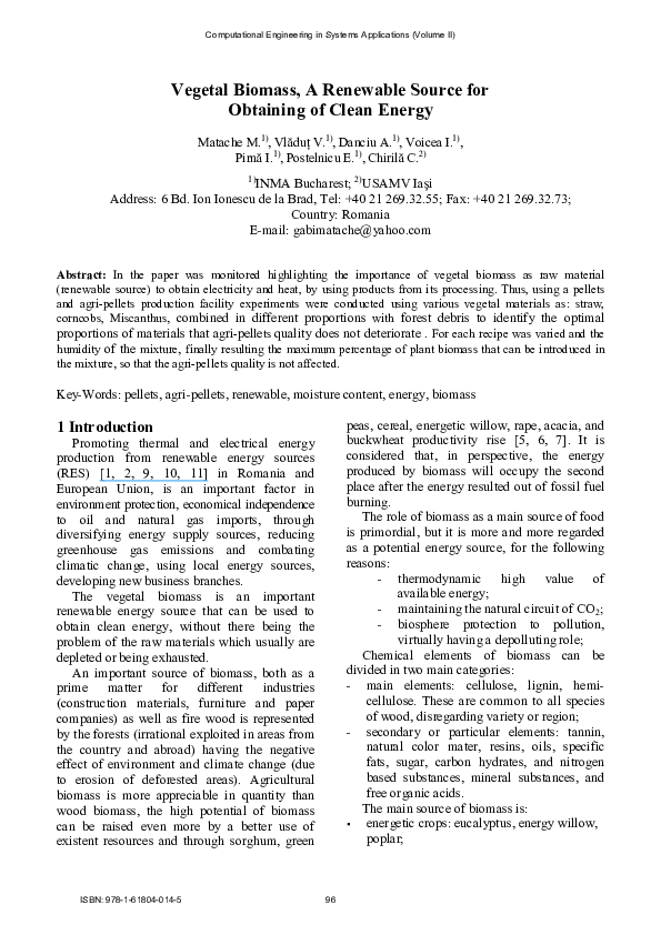 (PDF) Vegetal Biomass, A Renewable Source for Obtaining of Clean Energy