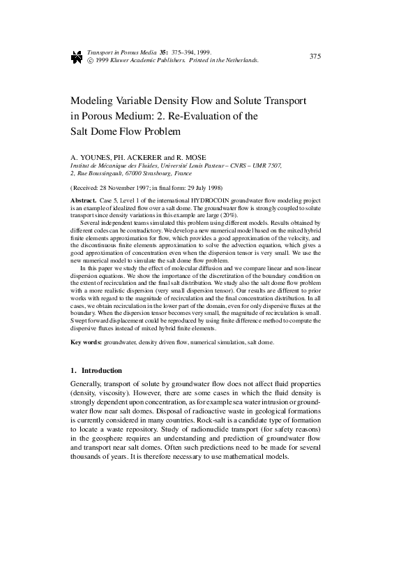 Pdf Modeling Variable Density Flow And Solute Transport In Porous Medium 1 Numerical Model