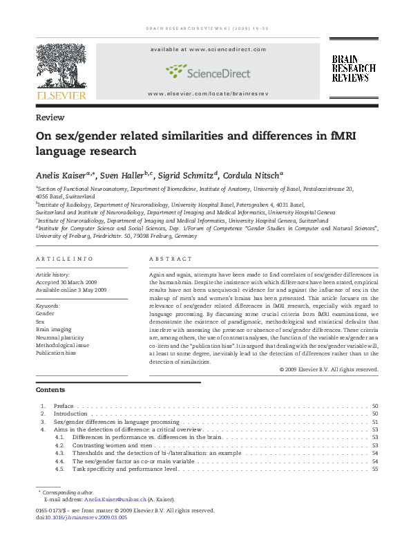 Pdf On Sexgender Related Similarities And Differences In Fmri Language Research 