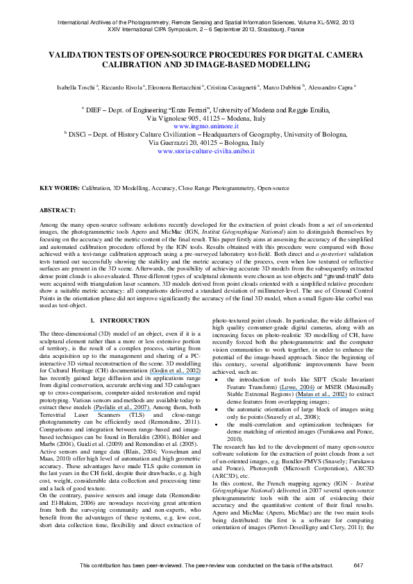 Pdf Validation Tests Of Open Source Procedures For Digital Camera Calibration And 3d Image