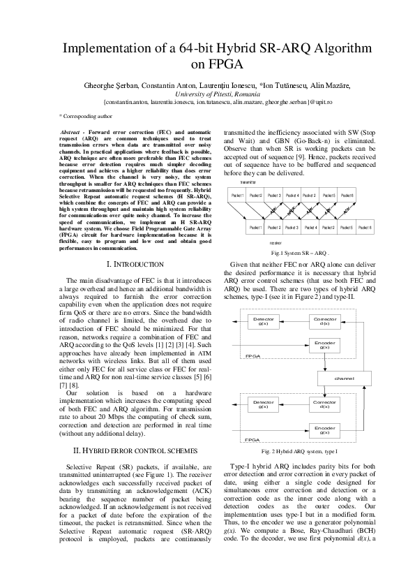 Pdf Implementation Of A 64 Bit Hybrid Sr Arq Algorithm On Fpga Gheorghe Serban